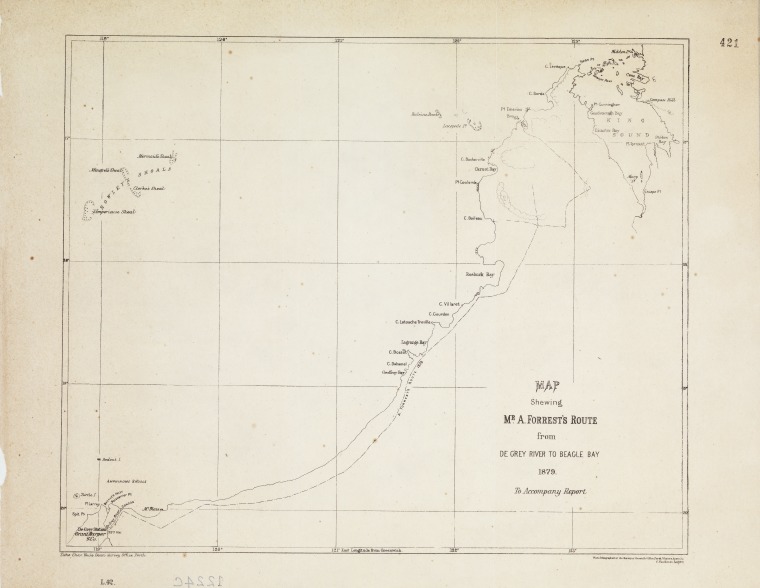 Map showing Mr. A. Forrest's route from De Grey River to Beagle Bay ...