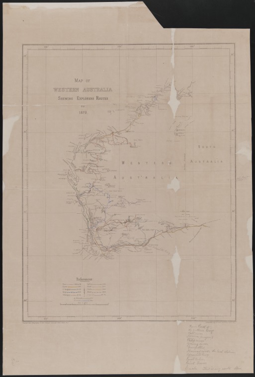 Map of Western Australia showing explorers routes to 1872 - JPG 60.1 KB
