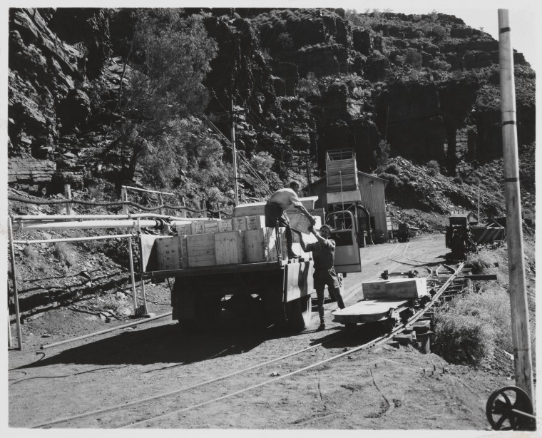 Wittenoom. Asbestos Mining. Unloading explosives at entrance to mine ...