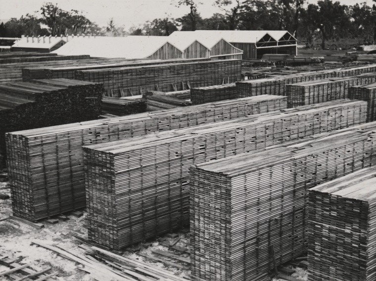Timber stacked for drying, Yarloop, May 1936. - JPG 170.9 KB