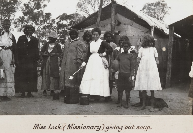Miss Lock (Missionary) giving out soup at Carrolup Native Settlement ...
