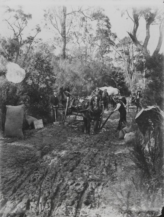 Group settlers and their horse and carts bogged on a dirt road, Denmark ...