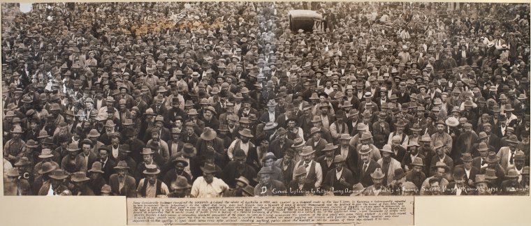 Crowd listening to Father Long announcing locality of famous Sacred ...