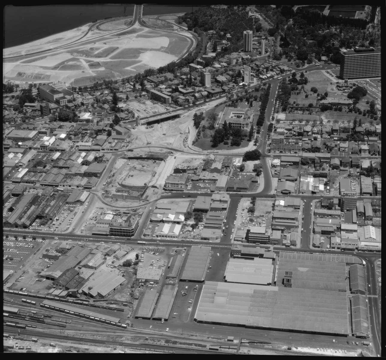 Aerial photograph of West Perth showing the beginning of demolition for ...
