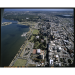 Aerial photograph of Perth looking west up St. George's Terrace, 1984