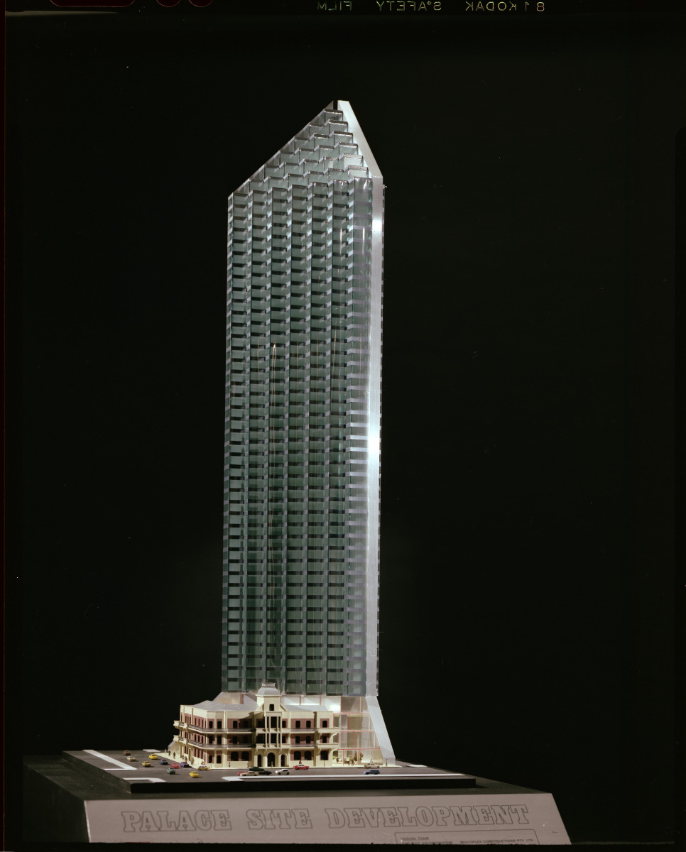 Model of the proposed Palace Hotel redevelopment and the R & I Bank ...