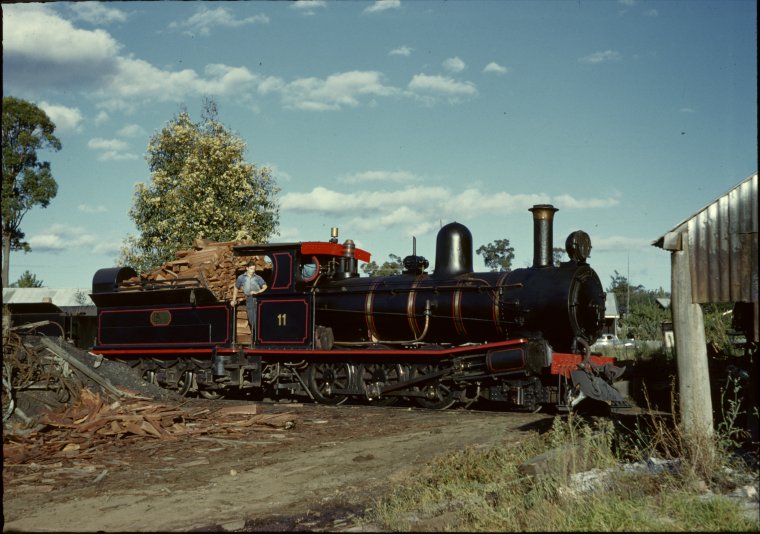 Bunnings locomotive No. 11 and Ray Bowden at Nyamup, 29 March 1955 ...