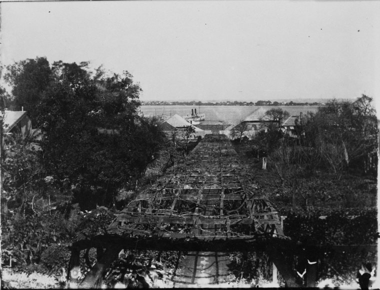 Back of the Shenton residence showing the grape trellis and a view of ...