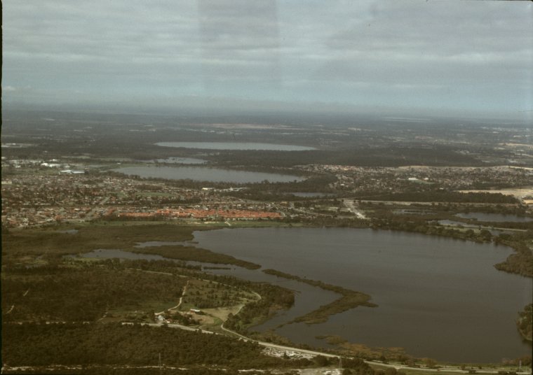 A series of lakes south of Perth with Bibra Lake in the foreground ...