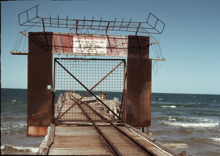 Babbage Island, buildings, jetty and the tramway bridge, October 1993 ...