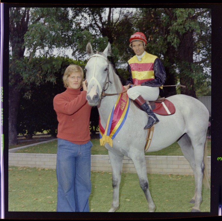 Horse and jockey with sash reading ?? Ascot 1974 - JPG 156.0 KB