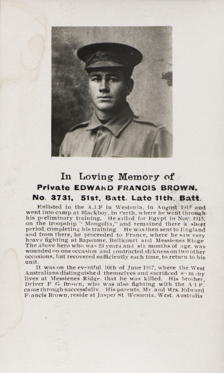 In loving memory of Private Edward Francis [ie Huxley] Brown - JPG 89.2 KB