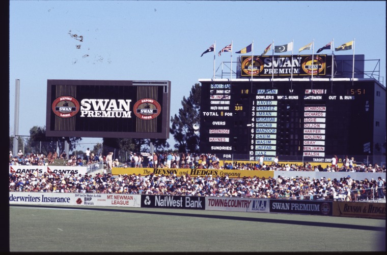 The scoreboard and the crowd in the Prindiville Stand at the WACA ...