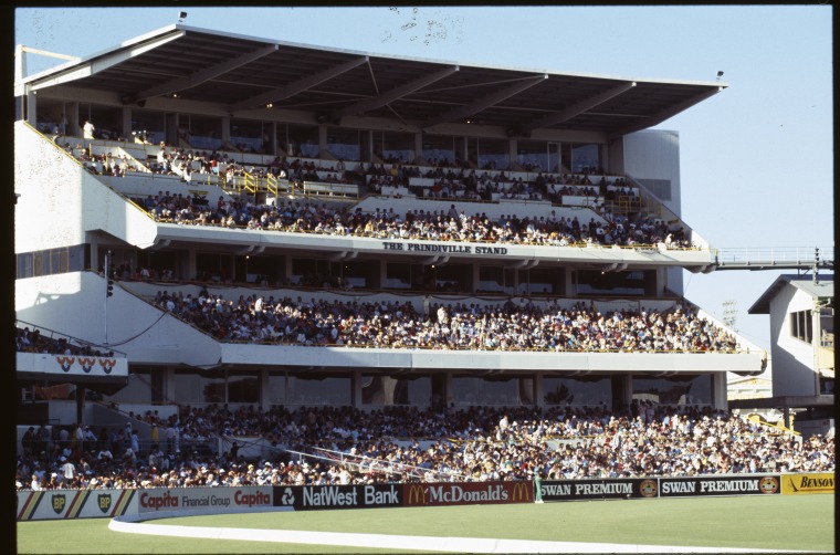 The scoreboard and the crowd in the Prindiville Stand at the WACA ...