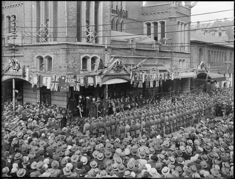 Crowd and parade outside Perth Town Hall celebrating Western Australia ...