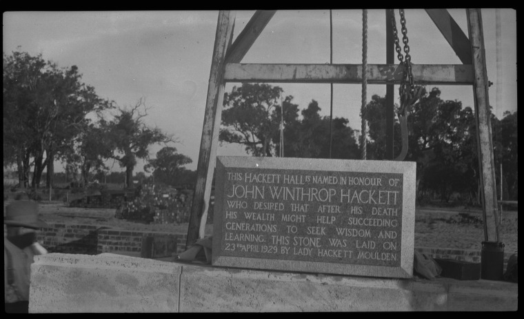 Laying the foundation stones for Hackett Hall and Winthrop Hall, University of Western Australia ...