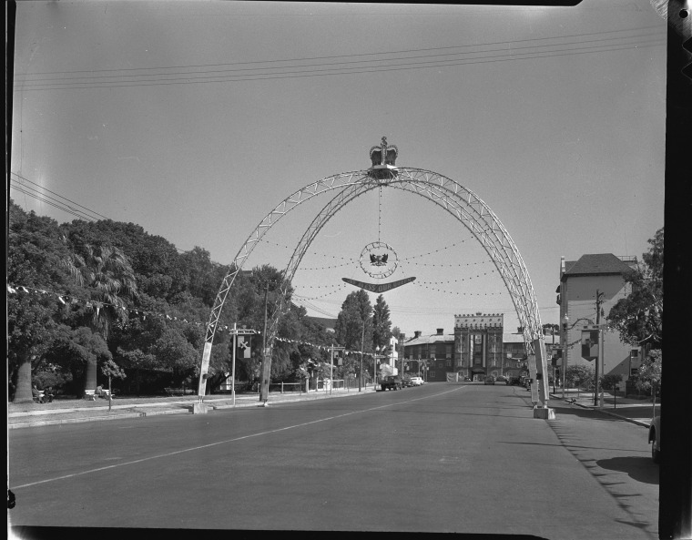 Ceremonial arches decorate St George's Terrace, Perth for the visit of ...