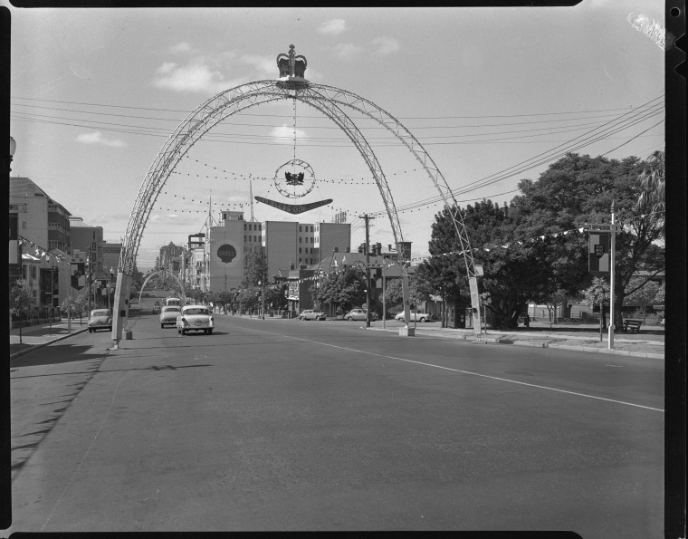 Ceremonial arches decorate St George's Terrace, Perth for the visit of ...