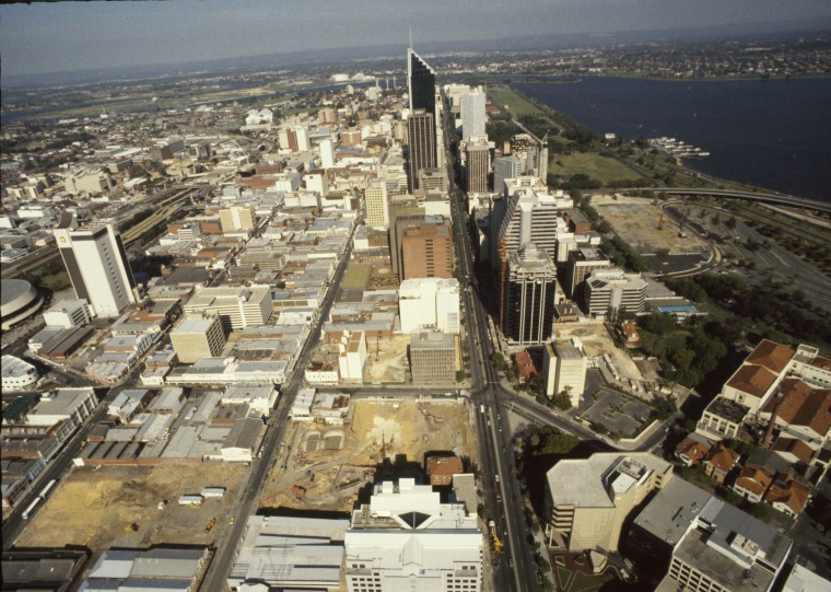 Aerial view east across the Perth CBD showing several empty blocks of ...