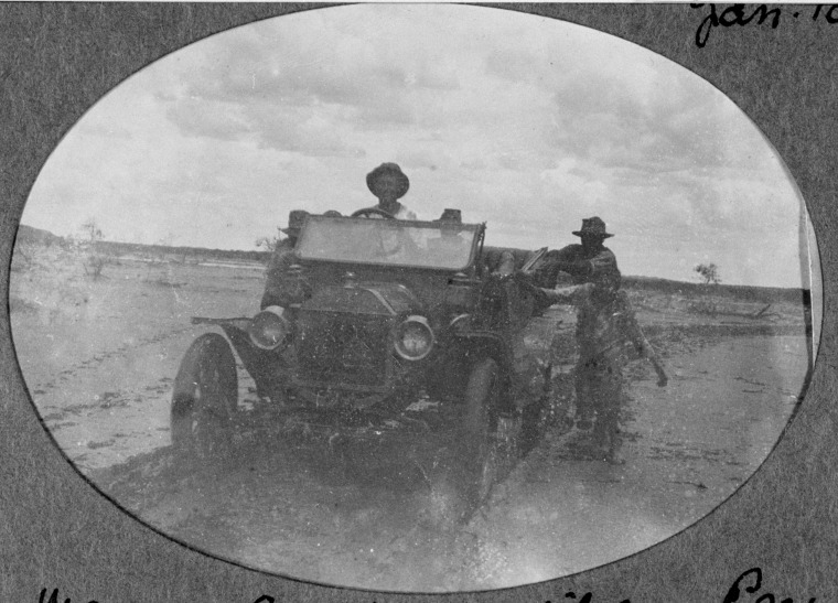 Driving through flooded sections of Minderoo Station, January 1915 ...