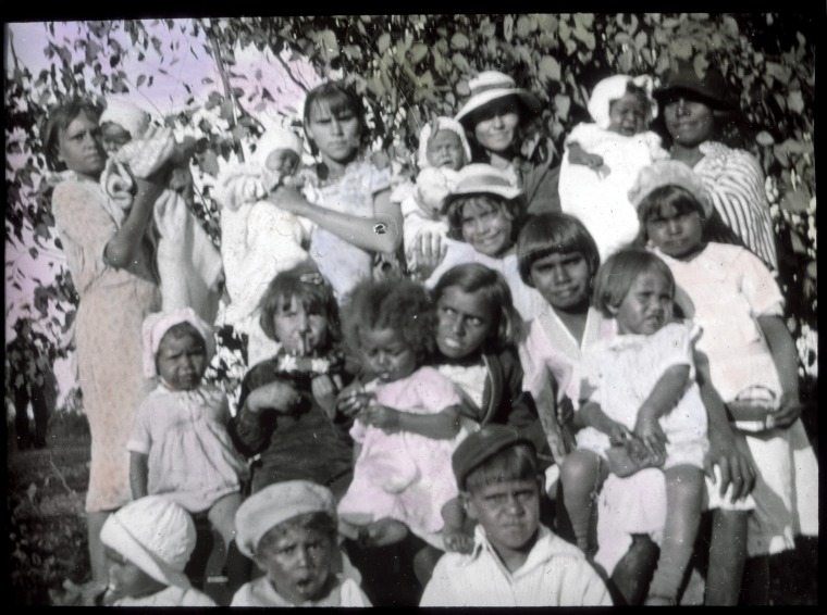 Group portraits of residents of Mount Margaret Mission, Warburton Range ...