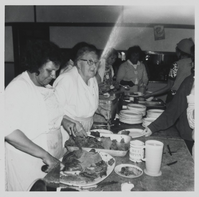 Marjorie Bonney and Elsie Jackson serve meals at the 1976 Mt Margaret ...