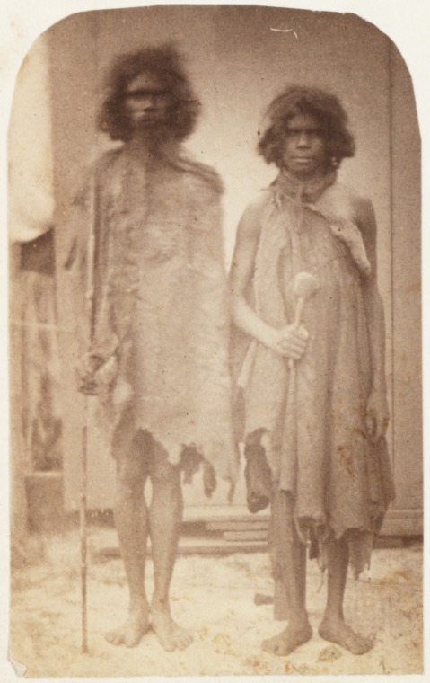 Aboriginal man and wife wearing kangaroo skins, Perth. - JPG 77.5 KB