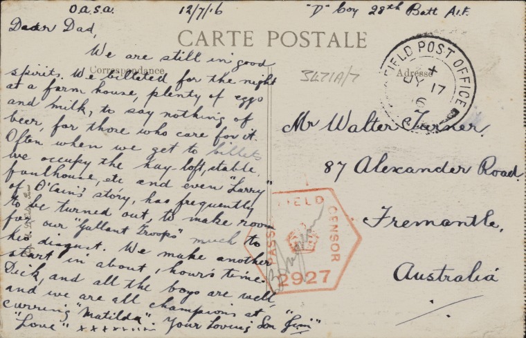 James Leslie Turner World War I postcards from 12 April to 28 July 1916 ...