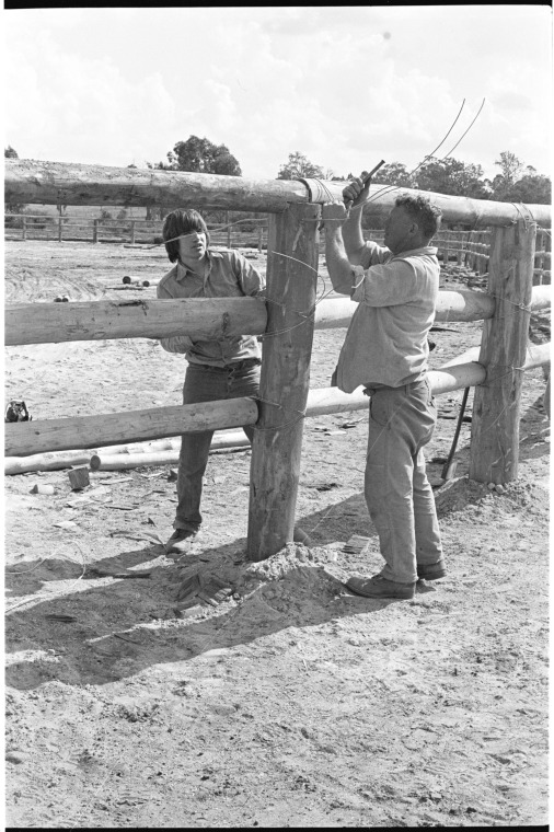 Construction of the rodeo arena fence in Boddington. - JPG 142.7 KB