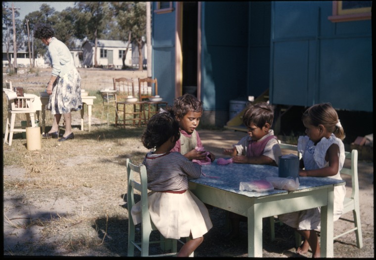 Modelling with dough, wash basins in rear, Allawah Grove Kindergarten ...
