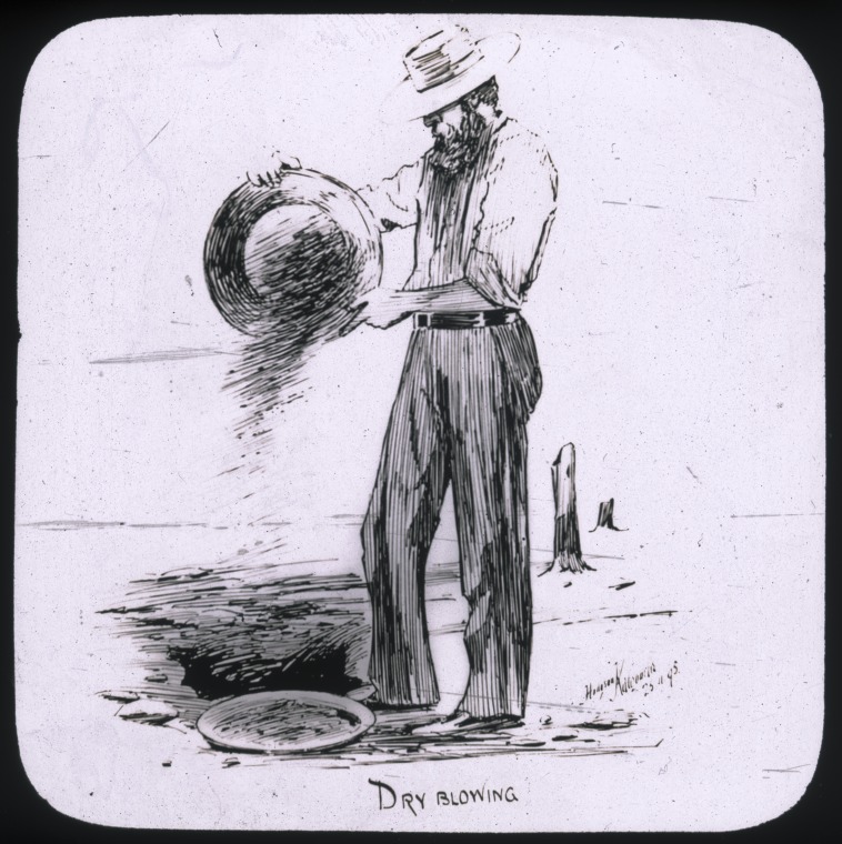 Drawing of a prospector dry-blowing for gold, Kalgoorlie, by Walker ...