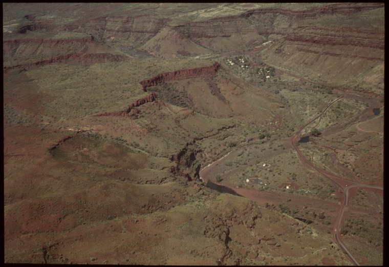 Aerial views, possibly of Wittenoom Gorge and mine, Western Australia ...
