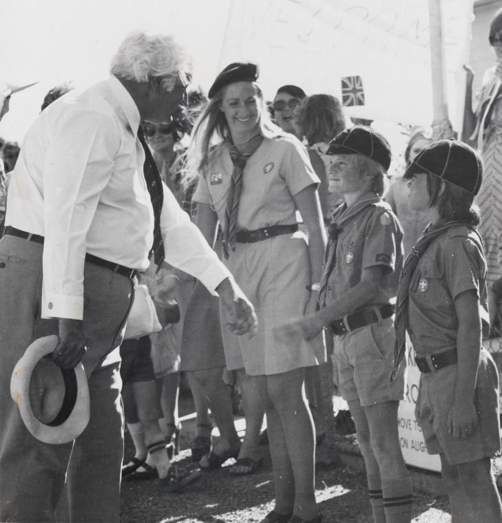 Sir John Kerr greets David Whish-Wilson at Karratha Airport watched by ...