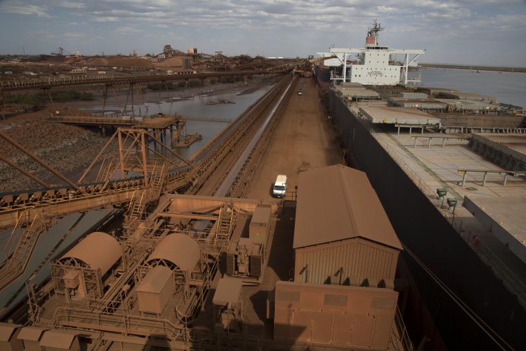 BHP Billiton port facilities at Port Hedland viewed from the ship ...