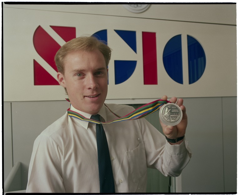 Greg Corbitt with his silver medal won at the Barcelona Summer Olympics, 25 August 1992. - JPG ...