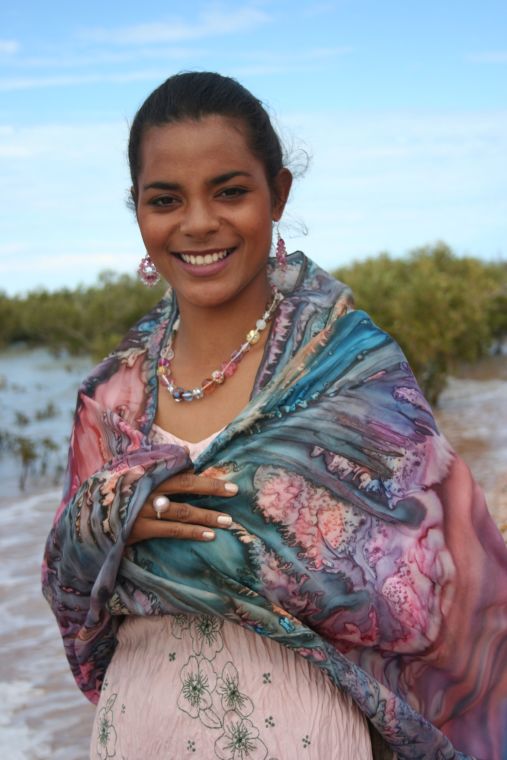 Aboriginal models Talissa Kinley and Anne Bennett model silk scarves ...