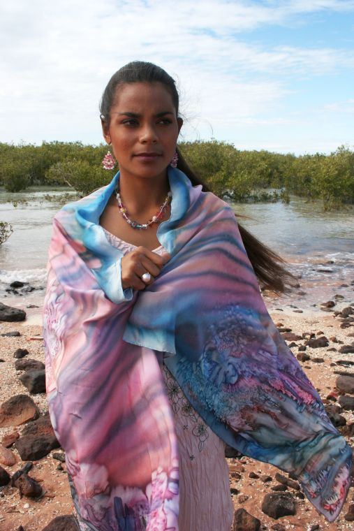 Aboriginal models Talissa Kinley and Anne Bennett model silk scarves ...