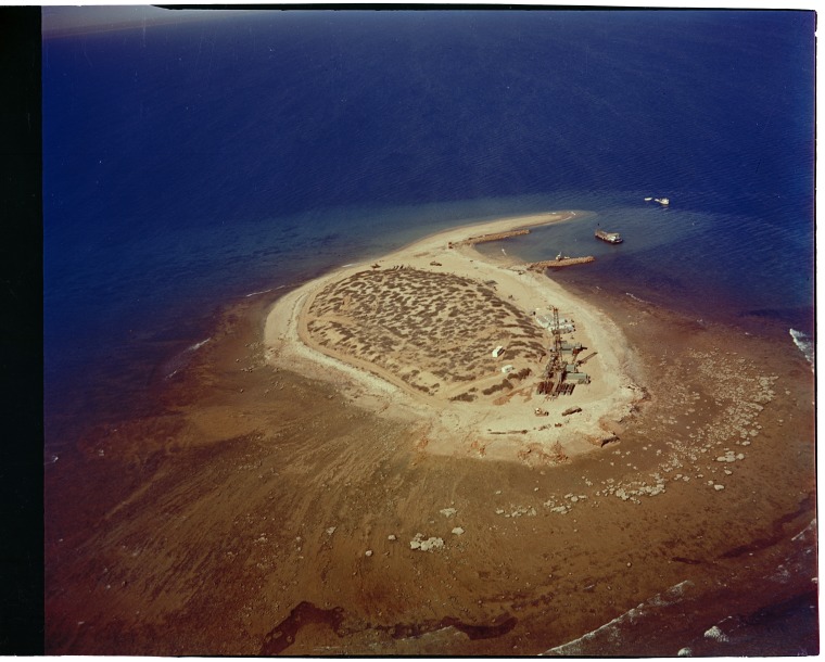 Aerial view of WAPET drilling operations on a small Island, North-West ...