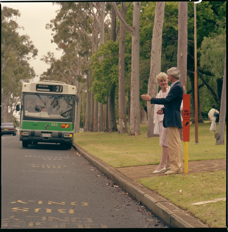 Flagging down a bus on route 27 at a stop in Kings Park, 21 October ...