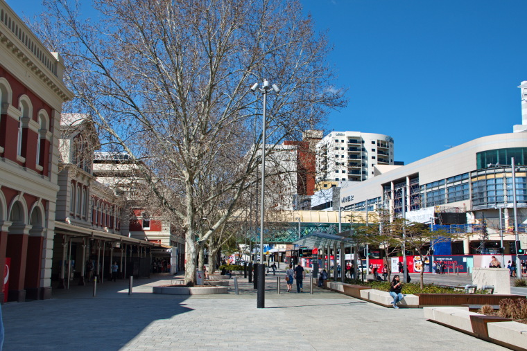 Wellington Street, Perth east from the Perth Railway Station forecourt ...