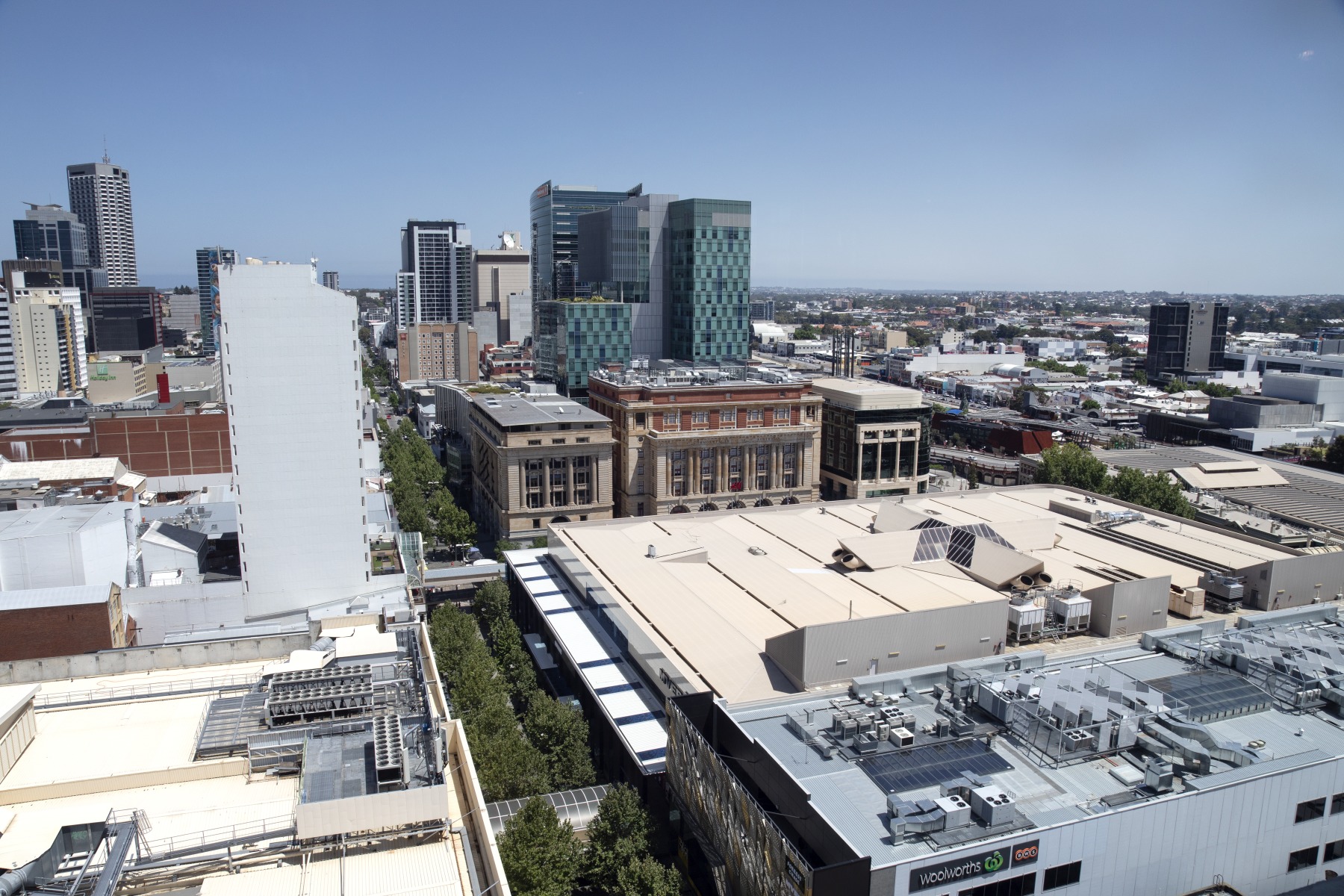 West over the Murray Street Mall, Perth from the rooftop bar of the QT ...