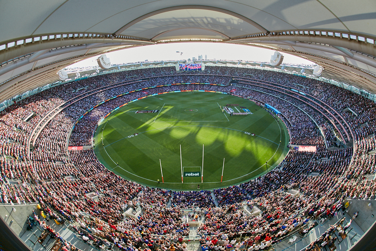 Views over Optus Stadium ground and crowd during the AFL Grand Final ...